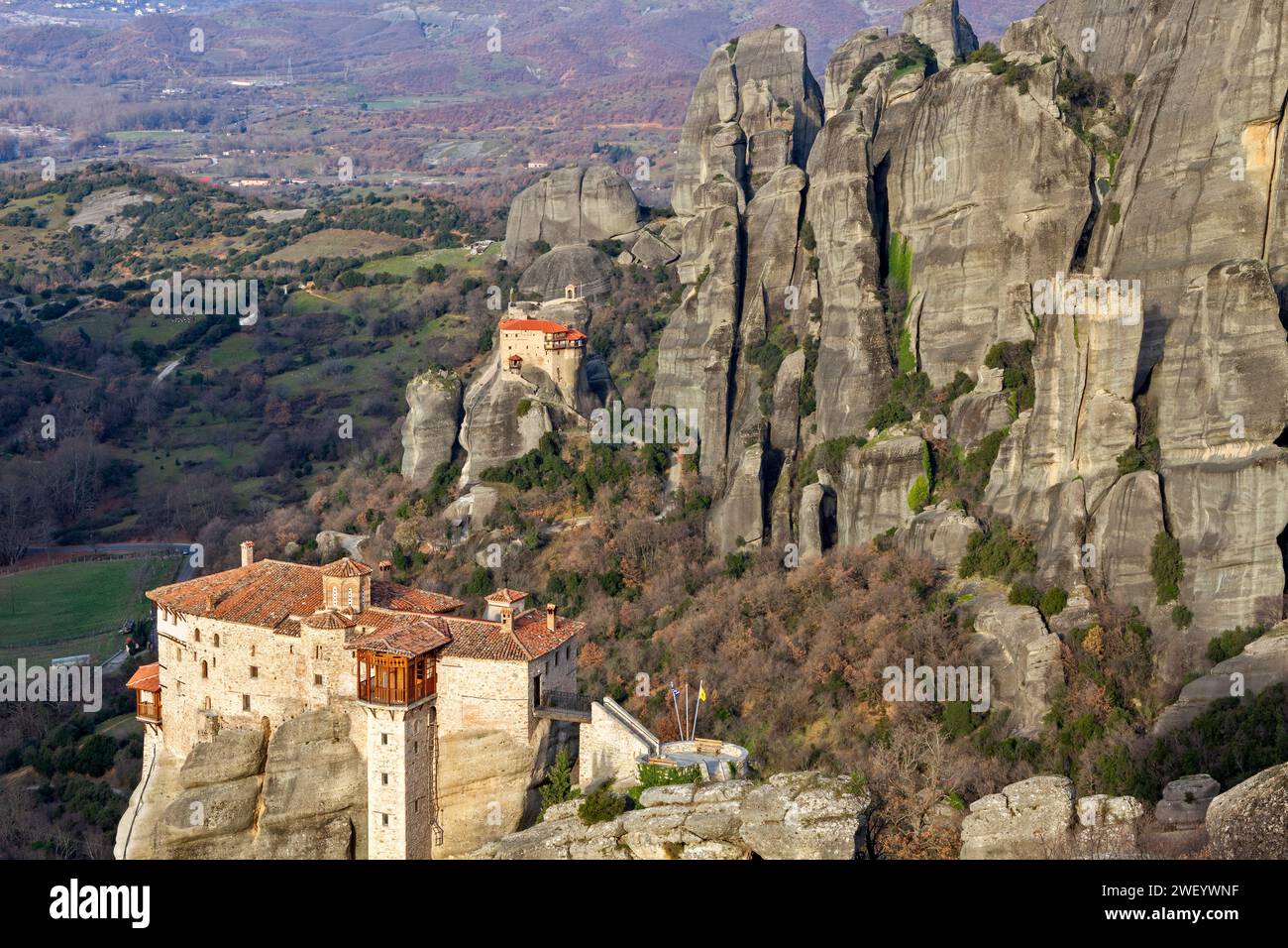 Aerial view of Meteora, with two of the six monasteries in total, in ...