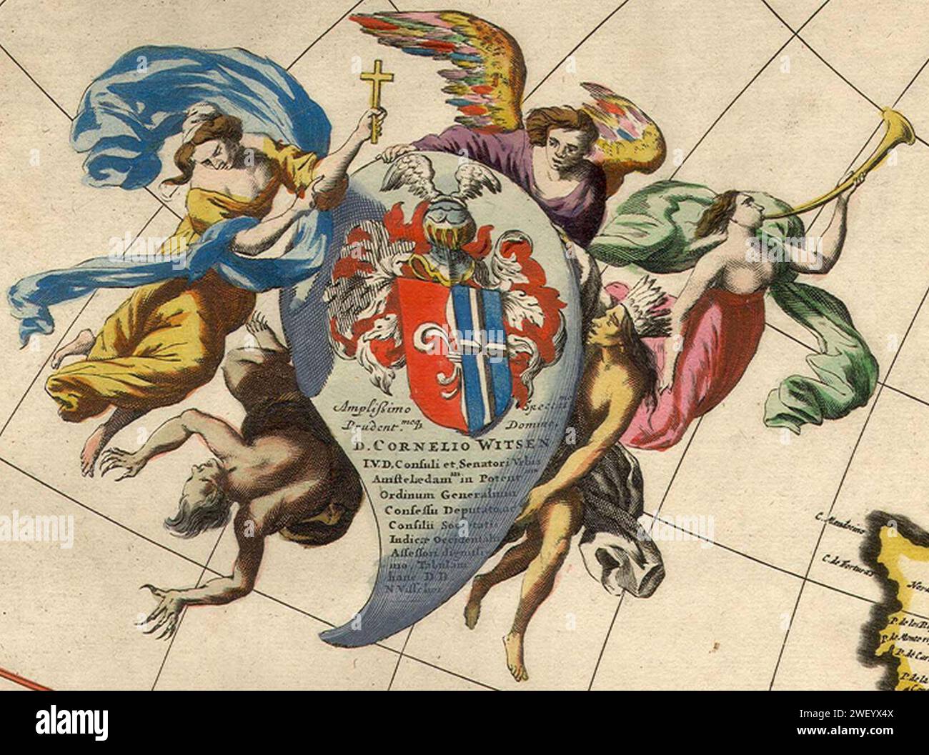 Angel cartouche on an Americas map by Visscher Stock Photo - Alamy