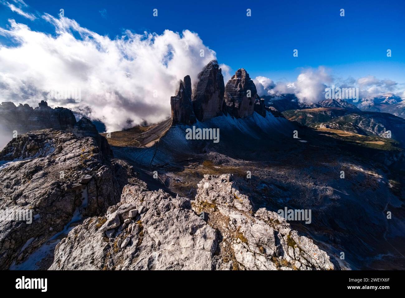 The north faces of the Tre Cime di Lavaredo rock formation in the Tre ...