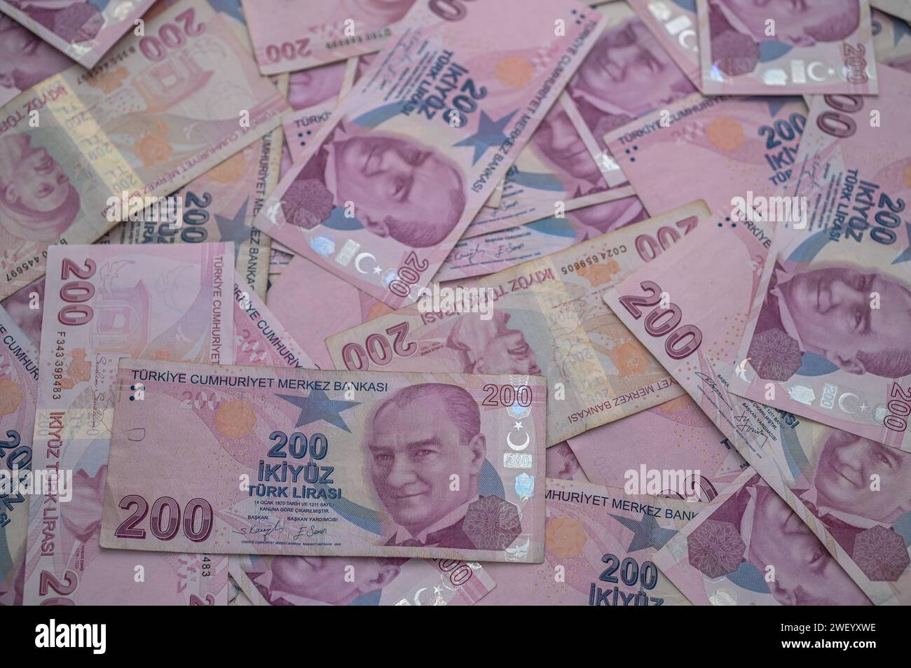 Gaziveren, Cyprus 01.27.2024-200 Turkish lira bills scattered on the ...
