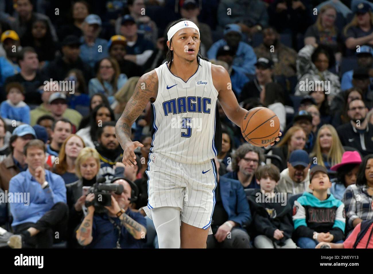 Orlando Magic forward Paolo Banchero (5) brings the ball up court in the second half of an NBA ...