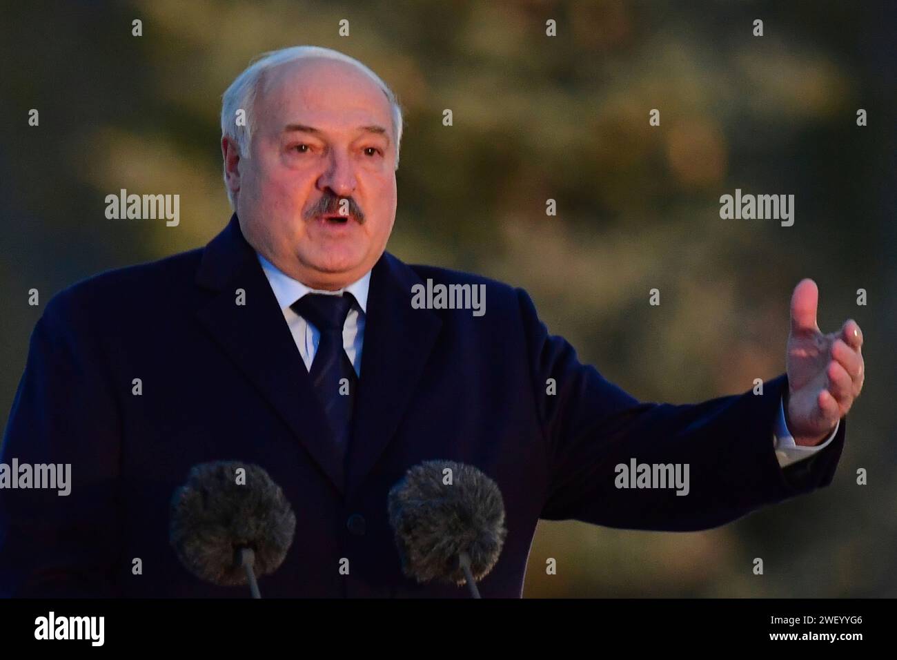 Belarusian President Alexander Lukashenko gestures while speaking as he ...