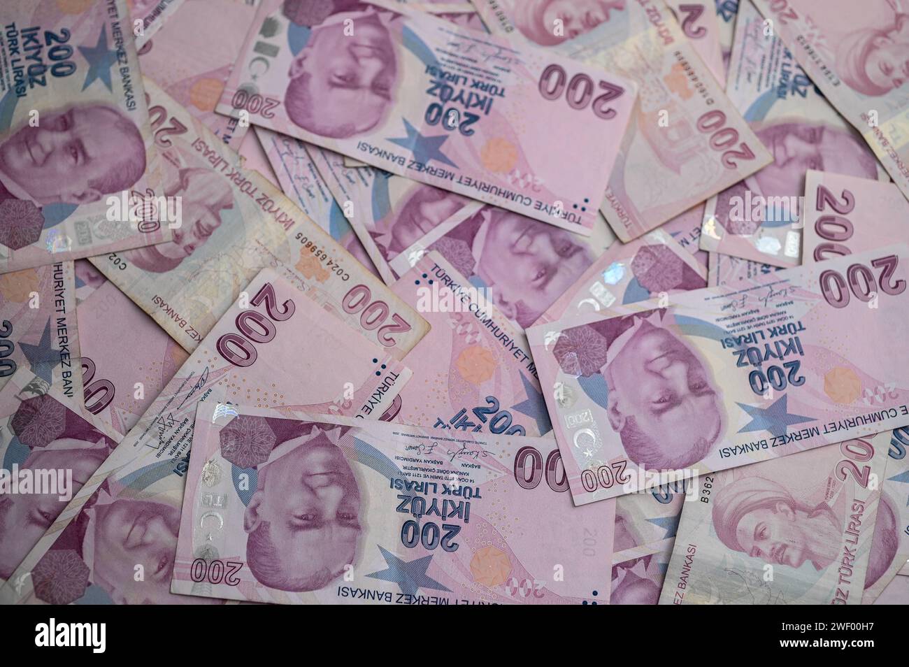 Gaziveren, Cyprus 01.27.2024-200 Turkish lira bills scattered on the ...