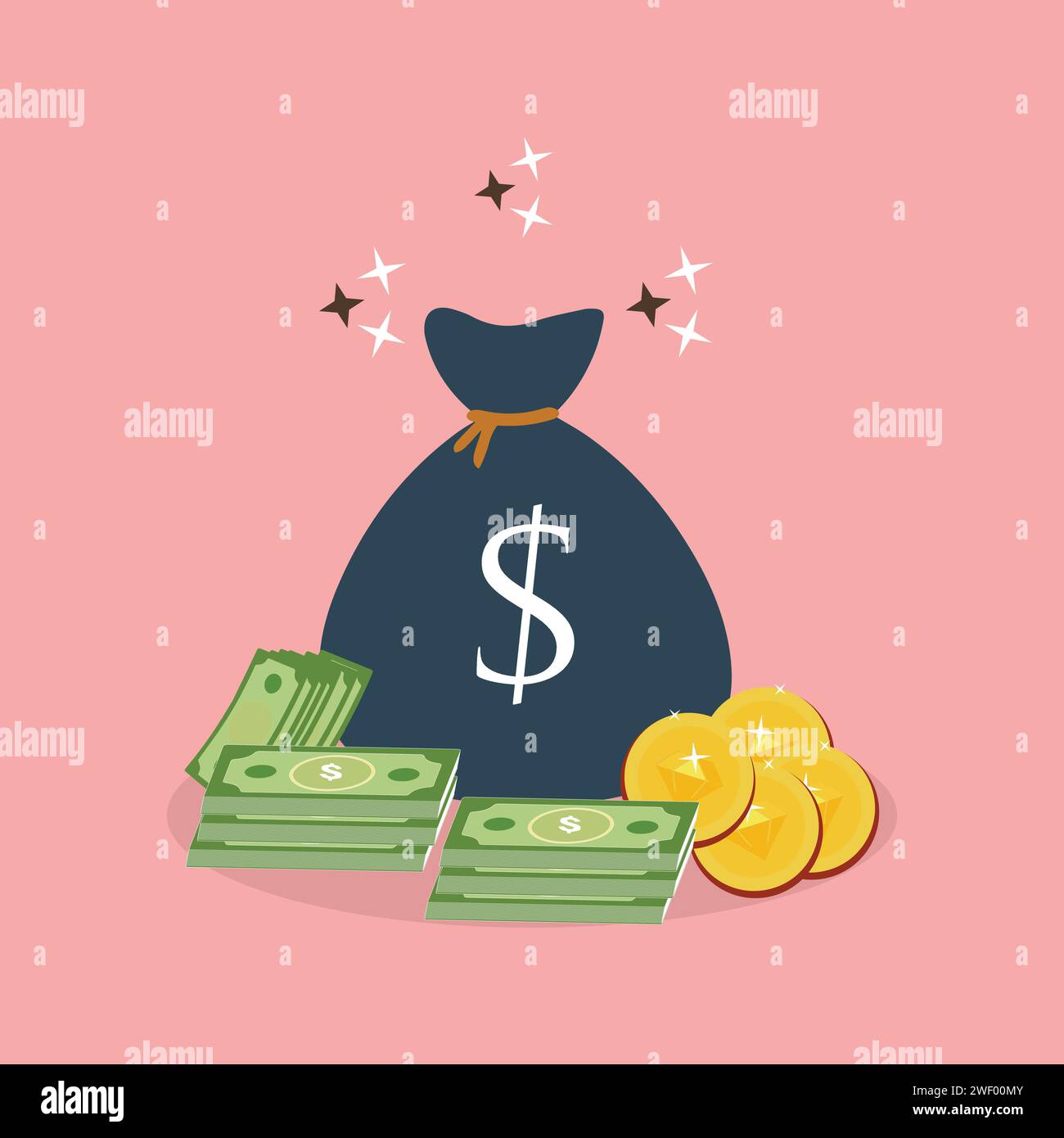 A money bag and pile of gold coins, money with a dollar sign ...