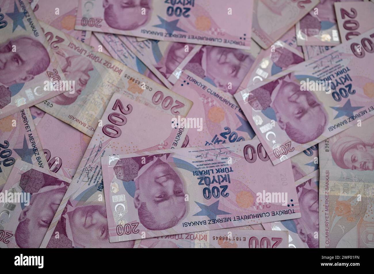 Gaziveren, Cyprus 01.27.2024-200 Turkish lira bills scattered on the ...