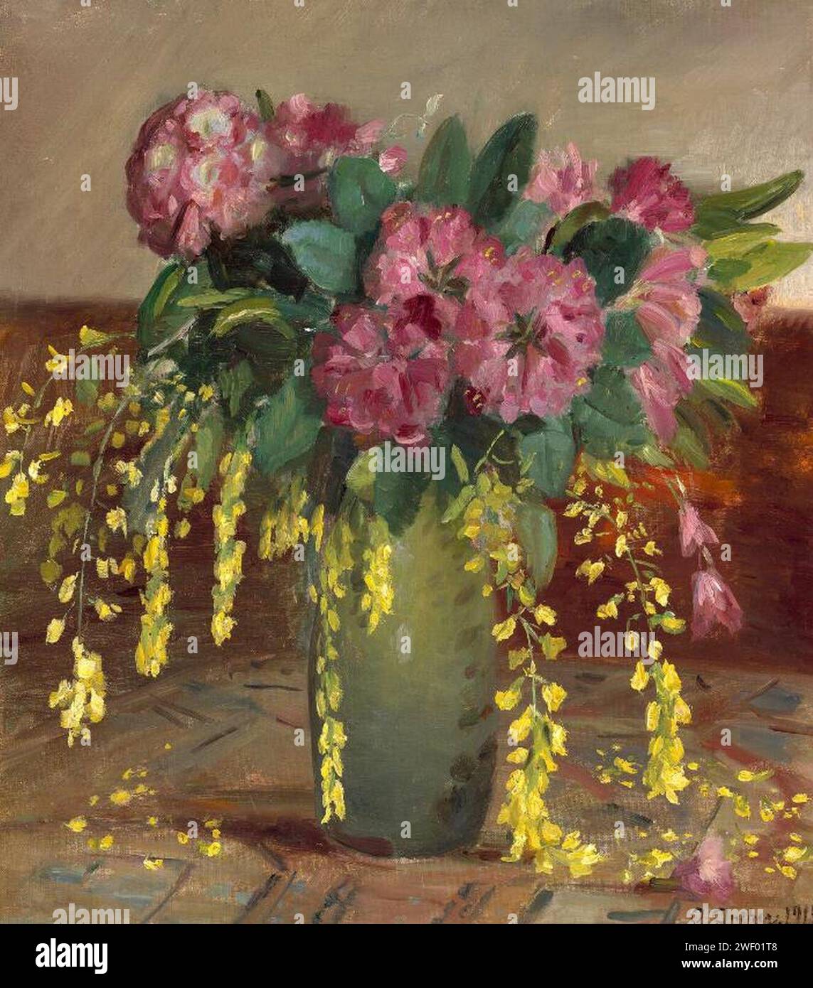 Anna Ancher Pink rhododendrons and Laburnum in a green vase (1914 Stock ...