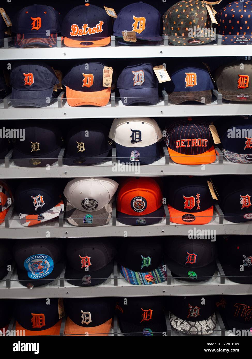 Baseball Hats at the Detroit Tigers, Comerica Park stadium Stock Photo ...