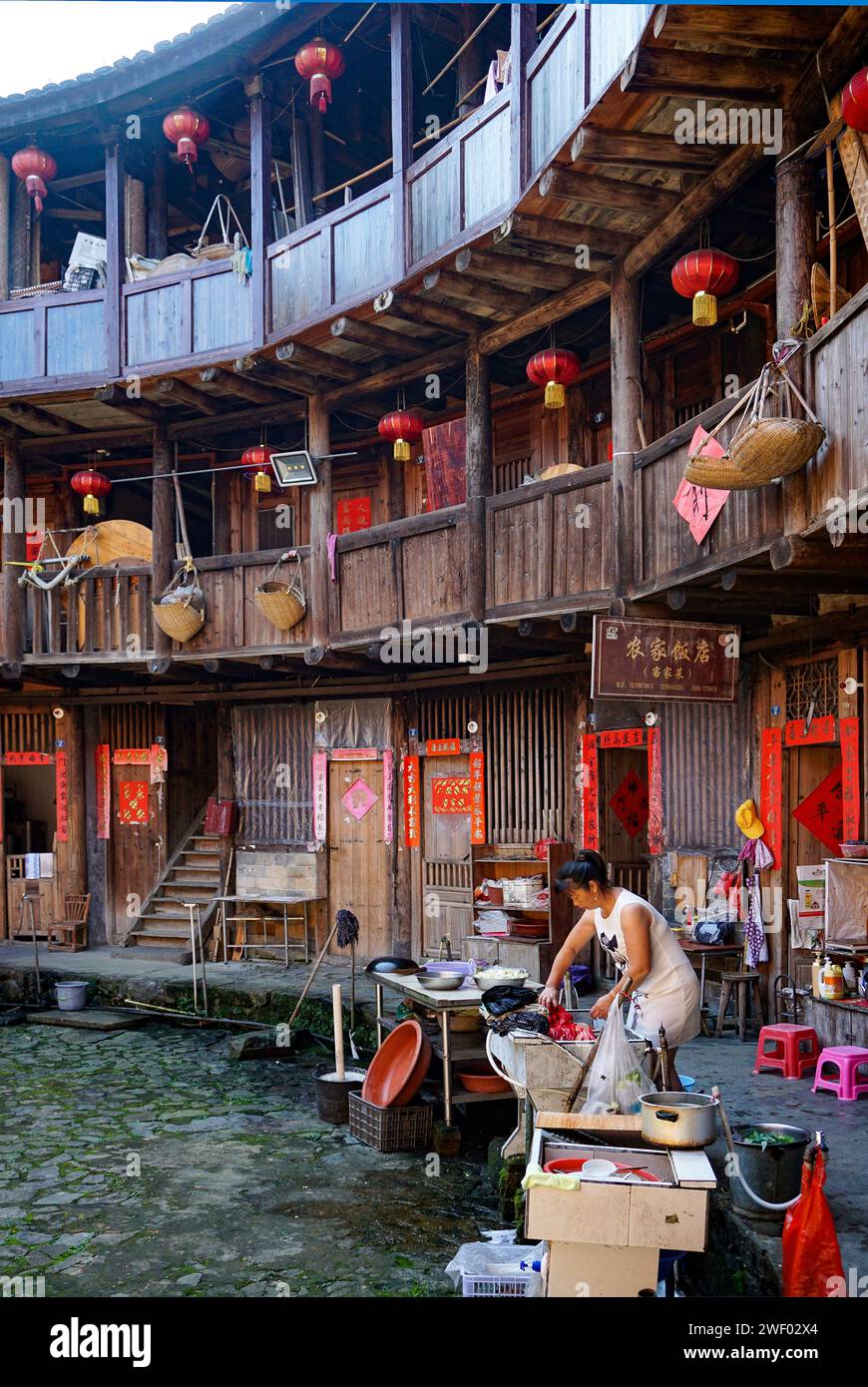 Rectangular and round Hakka Tulou (building made of rammed earth and ...