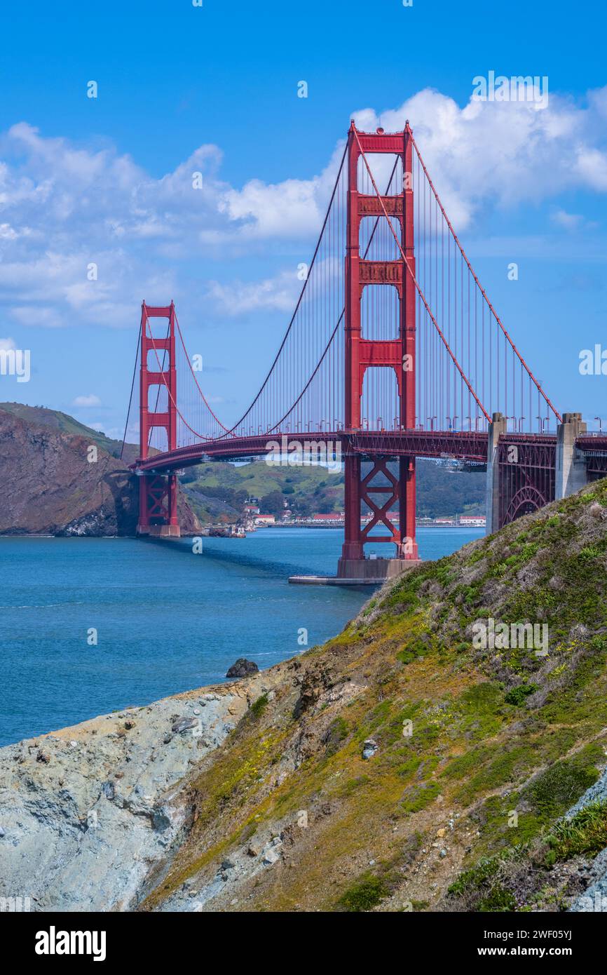 Iconic view of Golden Gate Bridge and bluffs in San Francisco ...