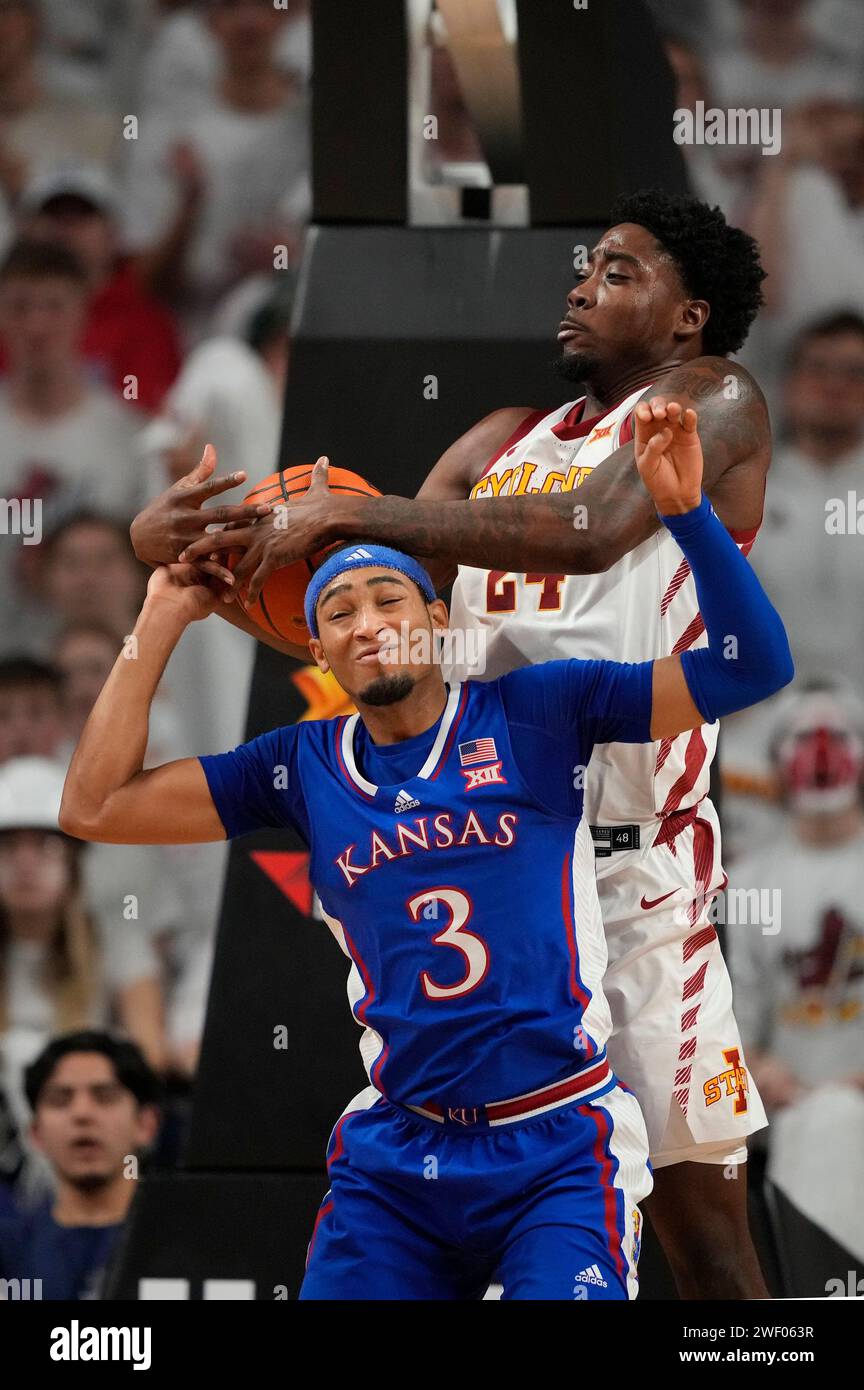 Iowa State forward Hason Ward (24) and Kansas guard Dajuan Harris Jr ...