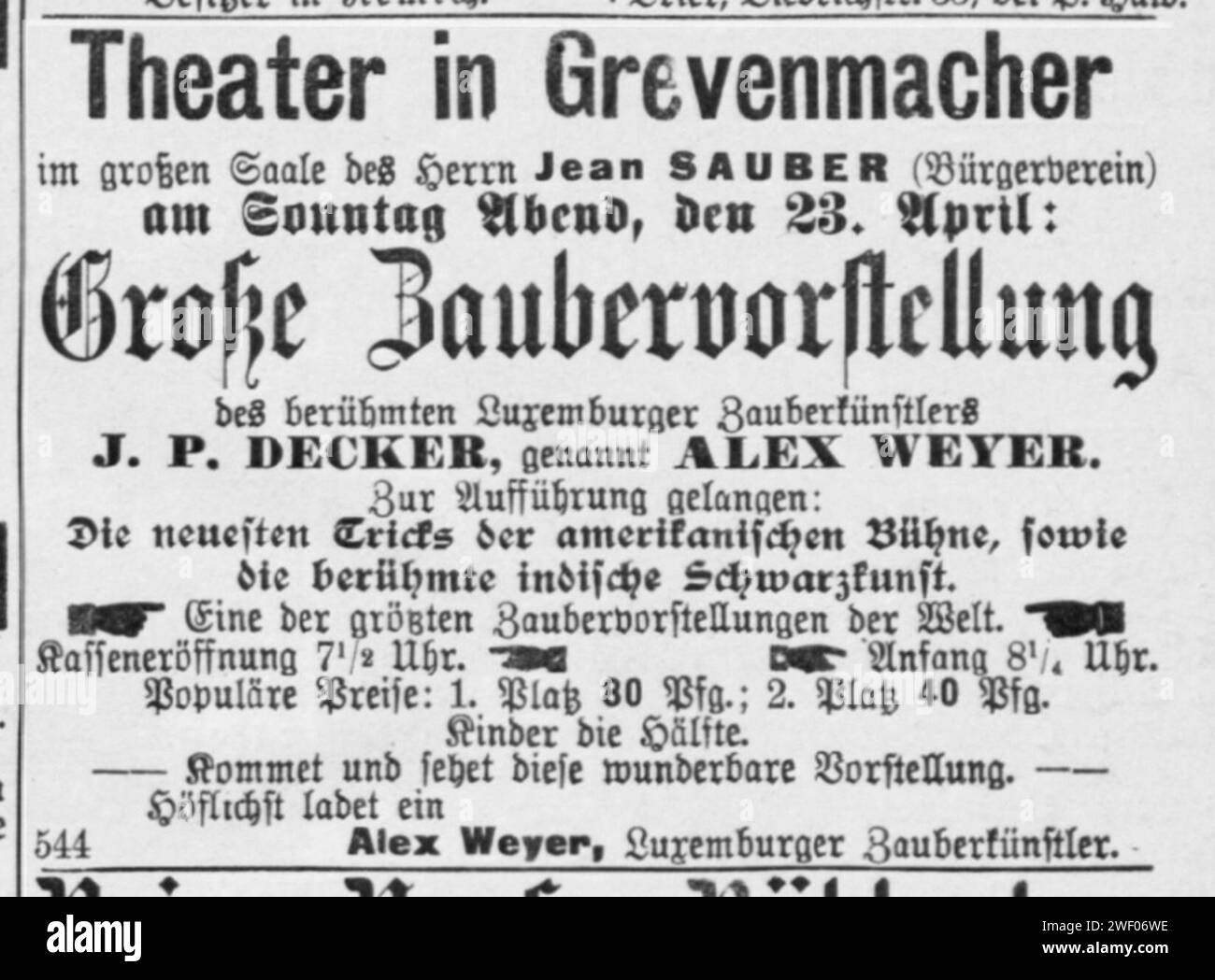 Annonce Zaubervorstellung Alex Weyer OZ 1899-04-21 Stock Photo - Alamy