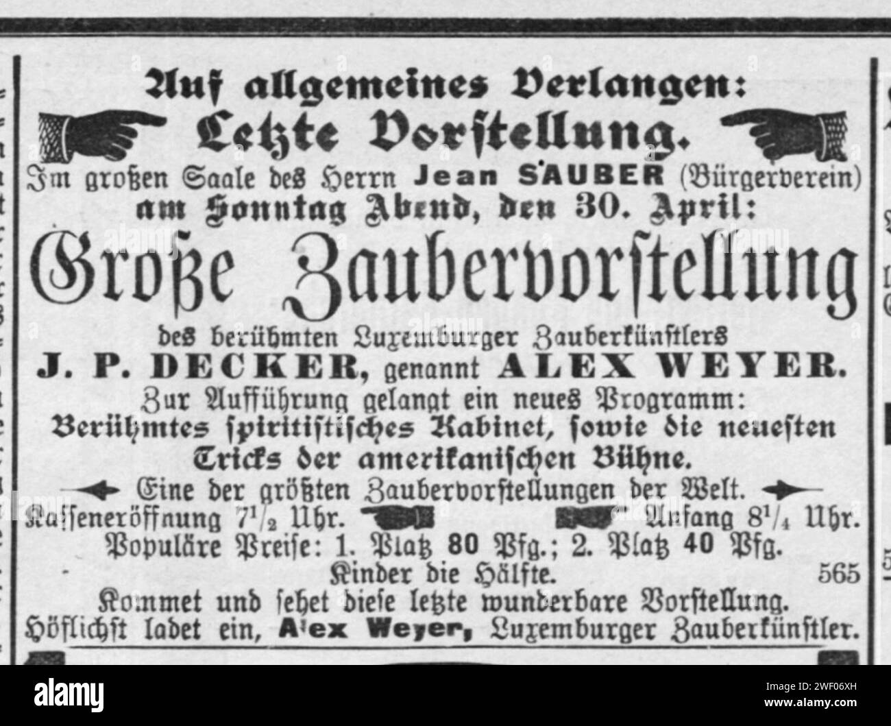 Annonce Zaubervorstellung Alex Weyer OZ 1899-04-28 Stock Photo - Alamy