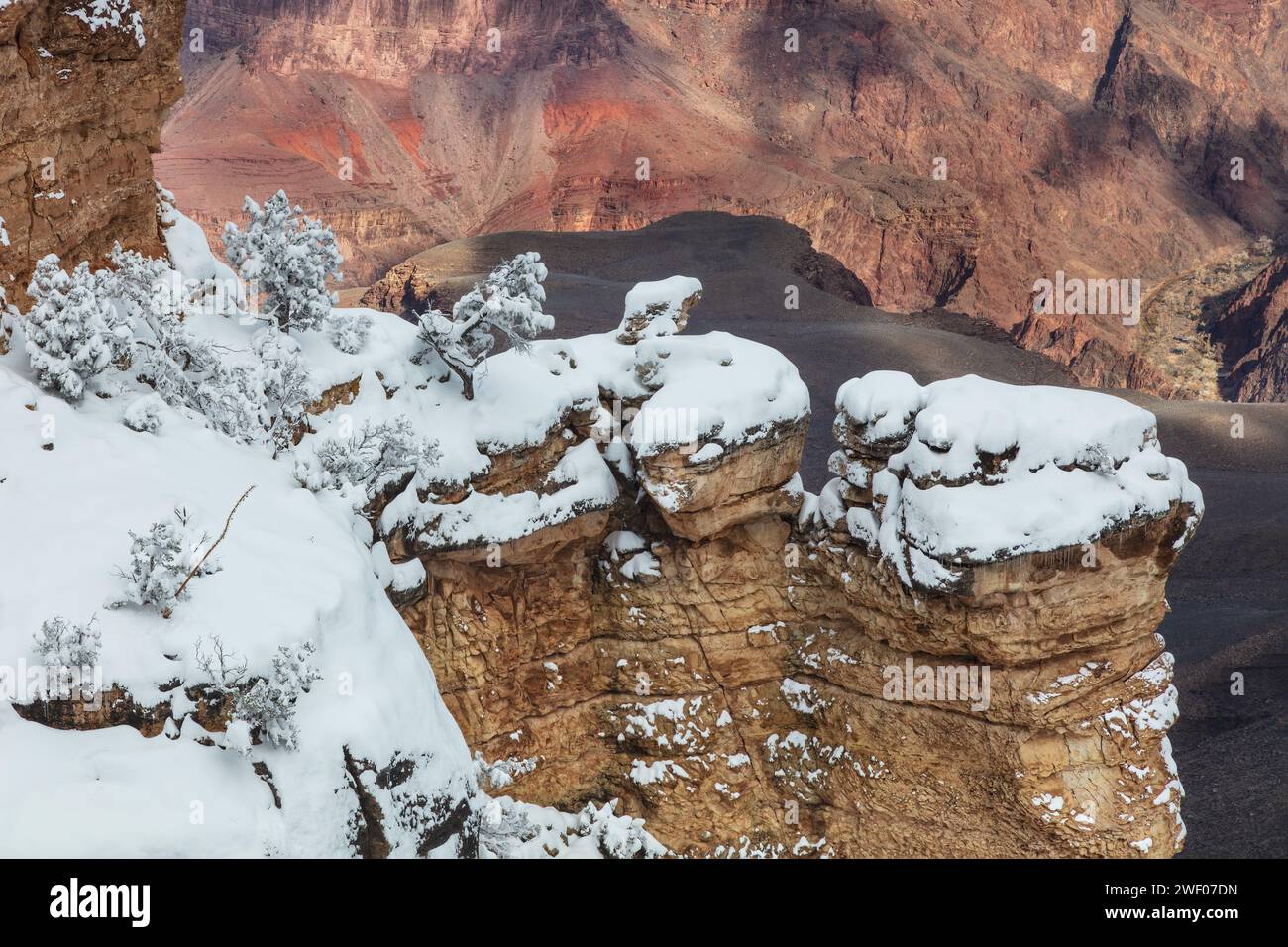 Ledge with snow on the south rim of Grand Canyon National Park, Arizona ...