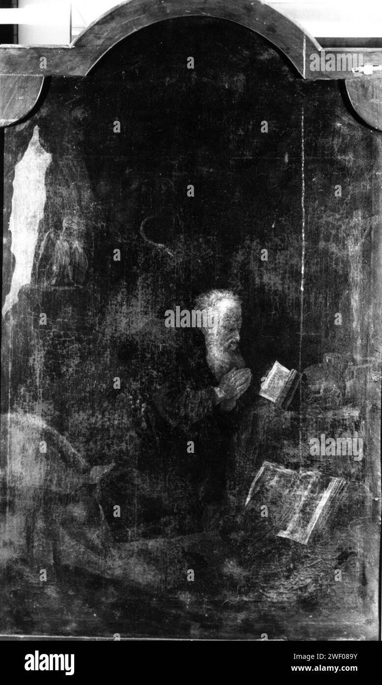 Anoniem - H. Antonius Abt in bekoring in zijn grot met crucifix, boek ...