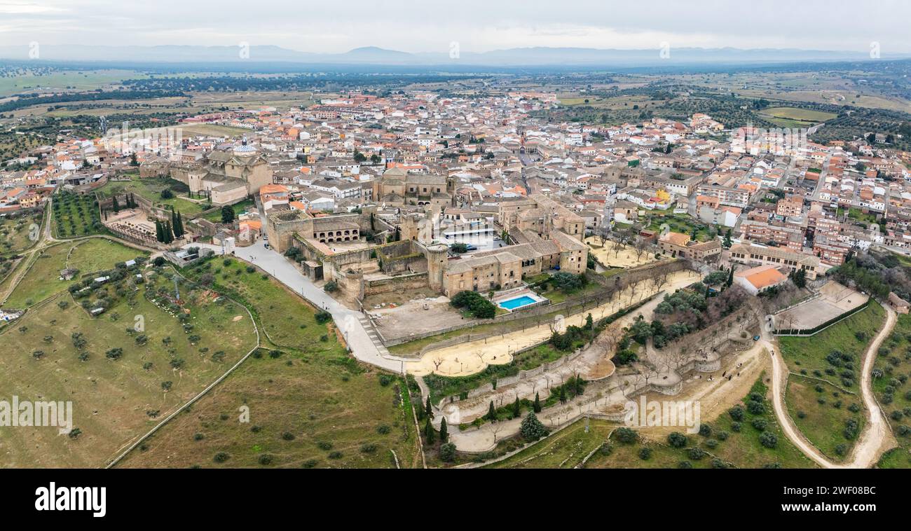 Aerial view of the Spanish town of Oropesa in Toledo, with its famous ...