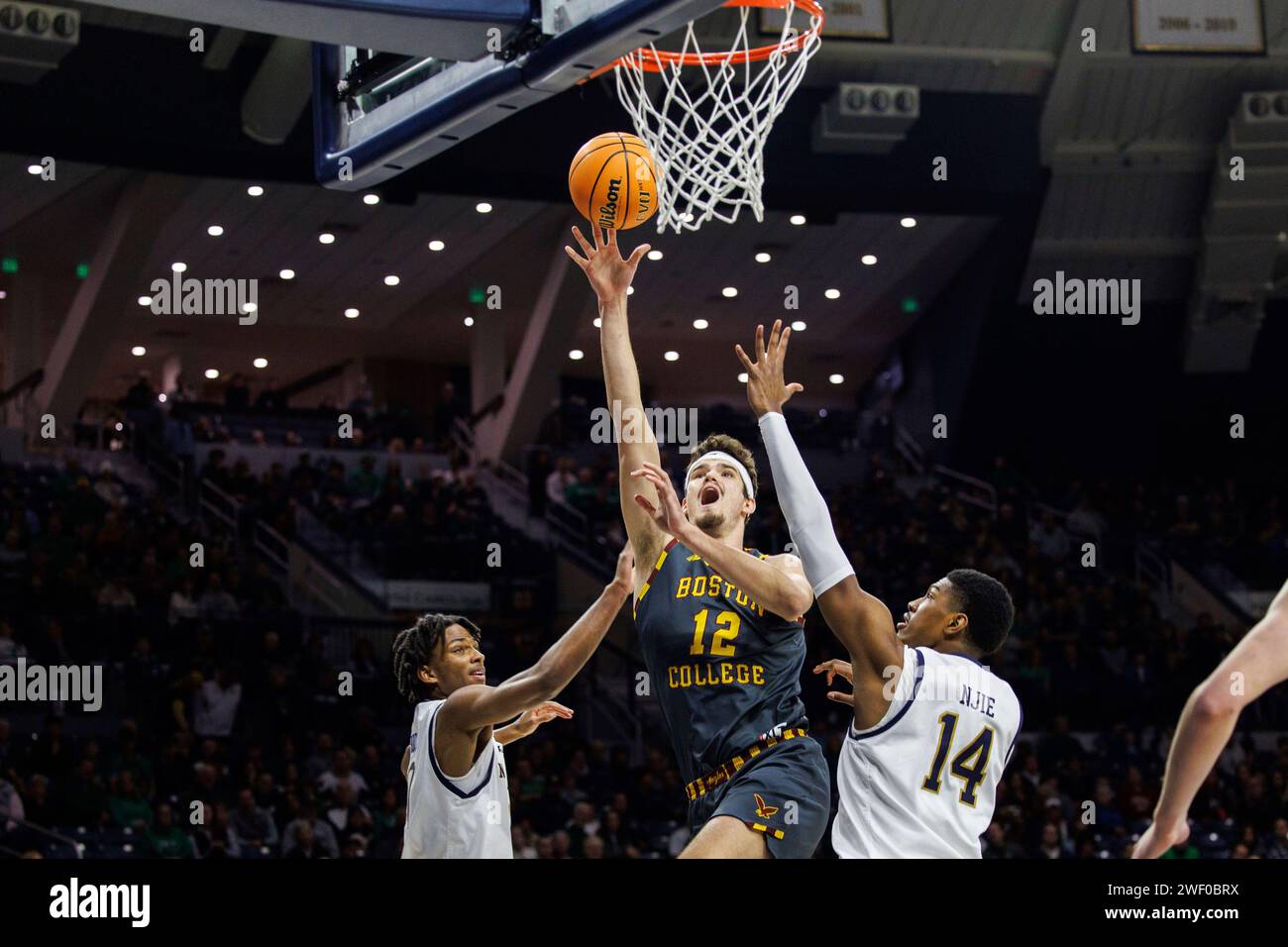 January 27, 2024: Boston College forward Quinten Post (12) goes up for ...