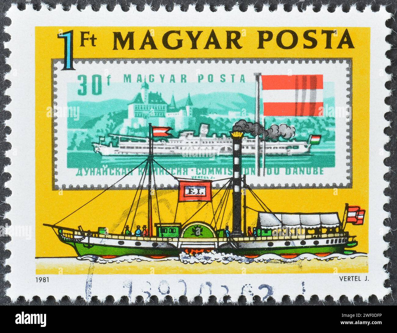 Cancelled postage stamp printed by Hungary, that shows Paddle steamer ...