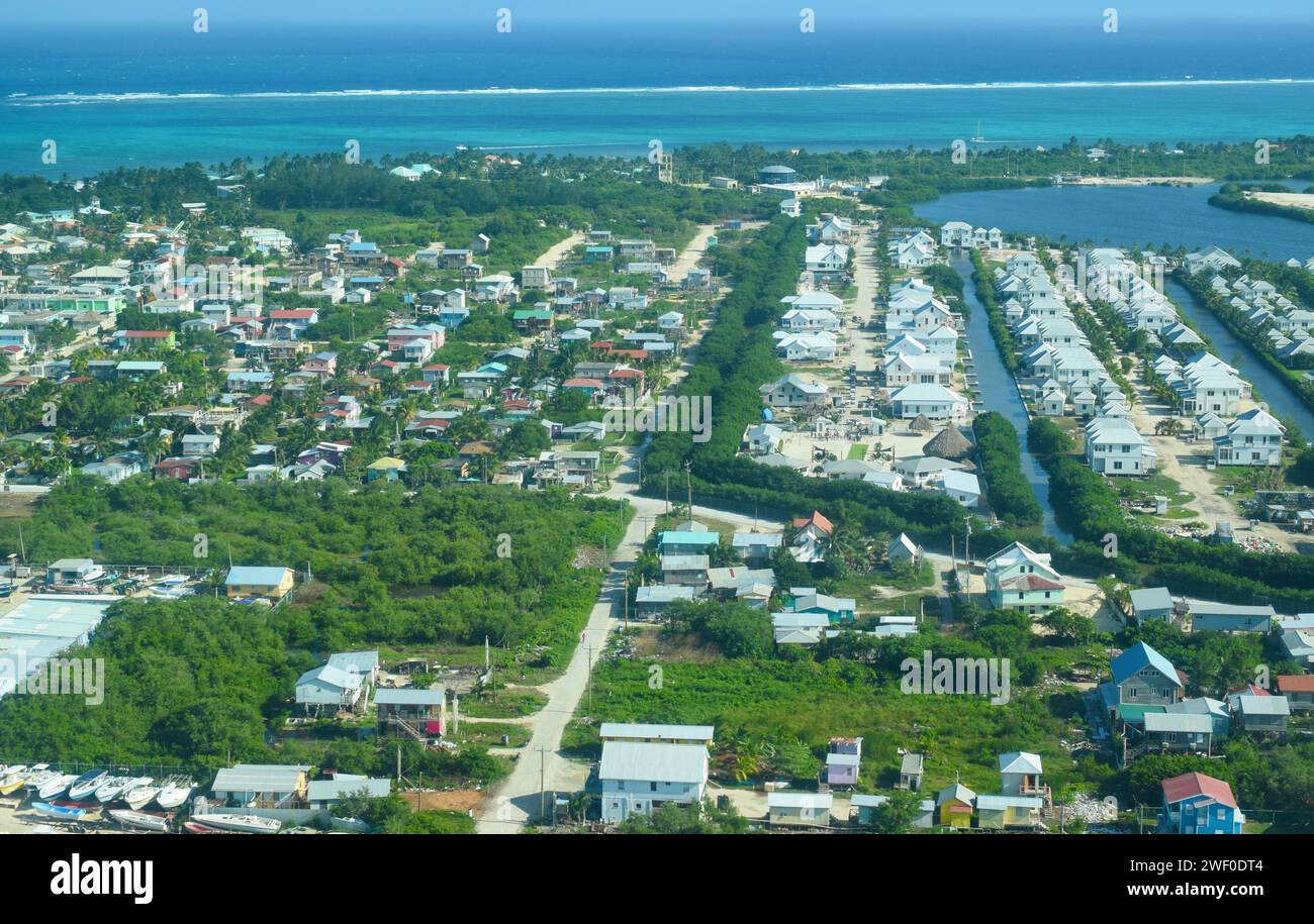 An aerial view of San Pedro Town, Ambergris Caye, Belize. Residential ...