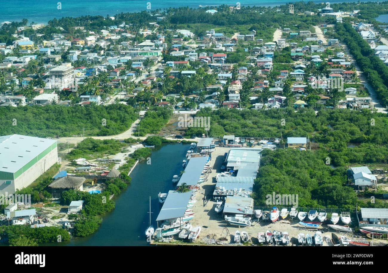 An aerial view of San Pedro Town, Ambergris Caye, Belize. Residential ...