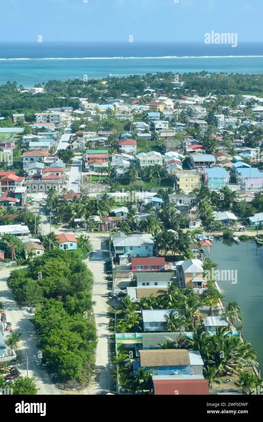 An aerial view of San Pedro Town, Ambergris Caye, Belize. Residential ...
