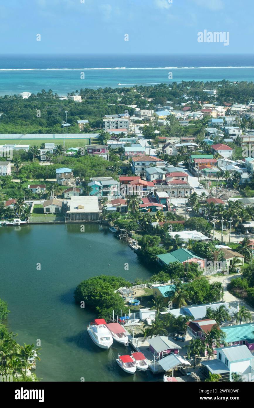 An aerial view of San Pedro Town, Ambergris Caye, Belize. Residential ...