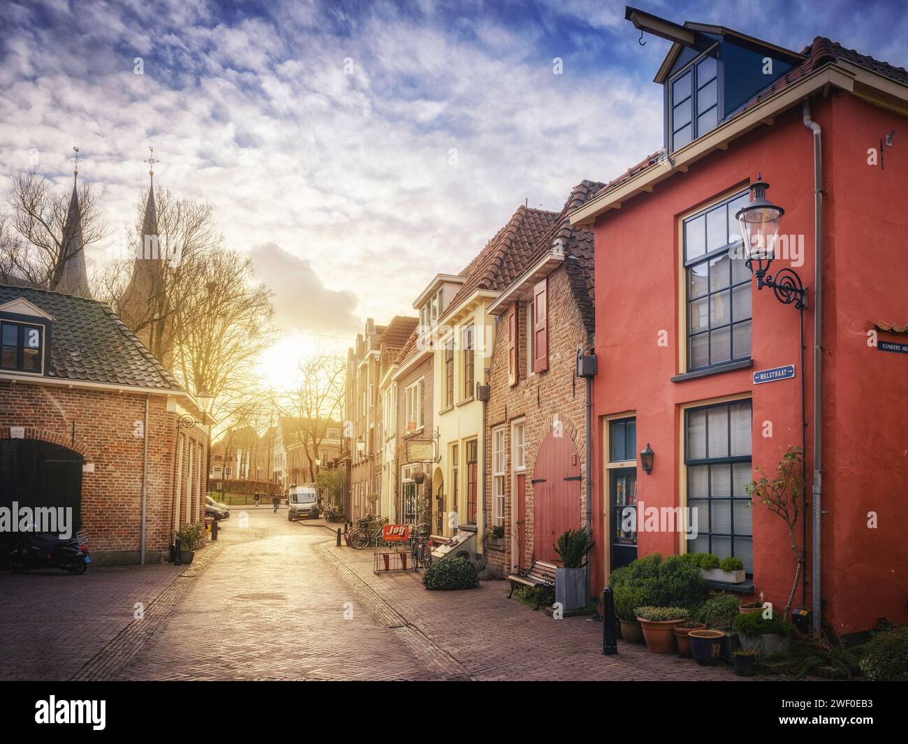 An idyllic suburban street featuring a row of quaint houses and tall ...