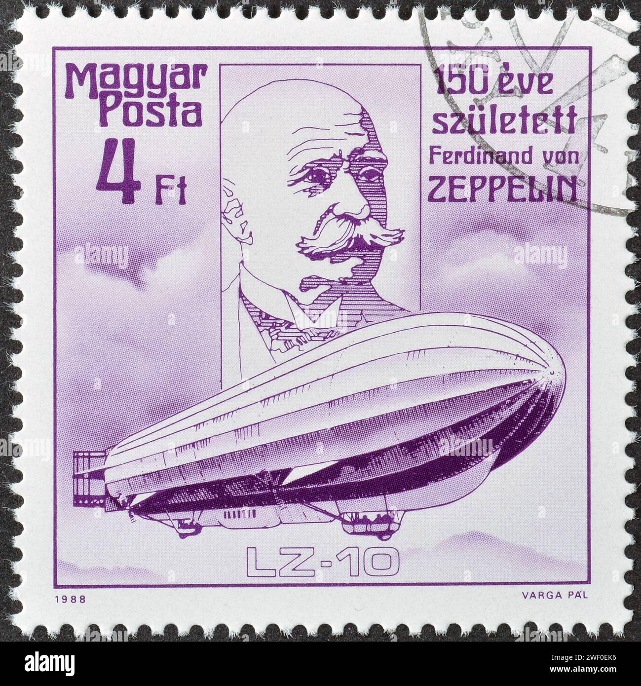 Cancelled postage stamp printed by Hungary, that shows Zeppelin and ...