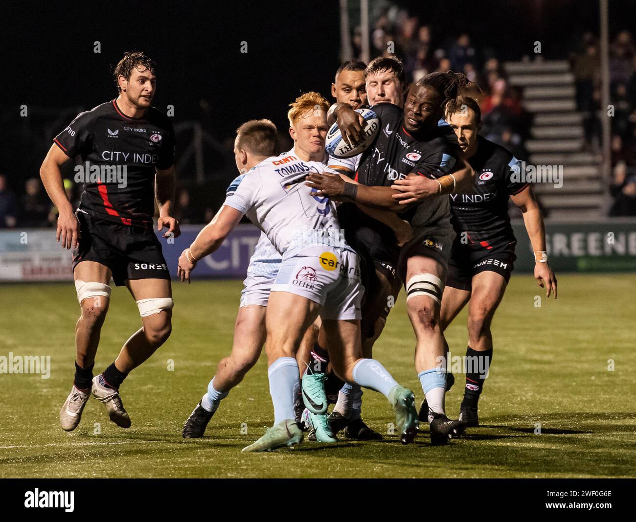 London, UK. 26th Jan 2024. Saracen Rotimi Segun in action during the ...