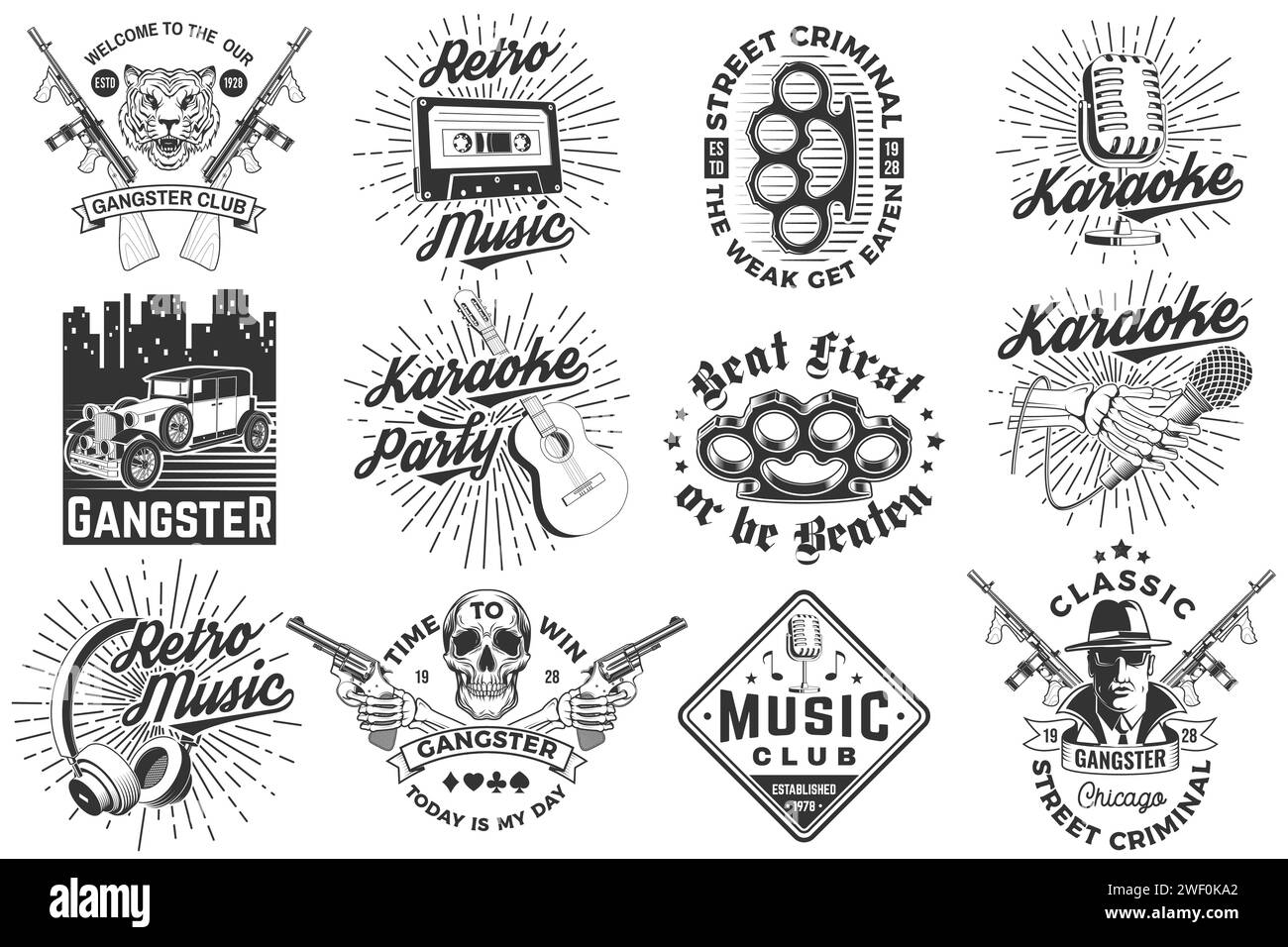 Set of gangster and retro music poster, banner. Vintage design for t ...