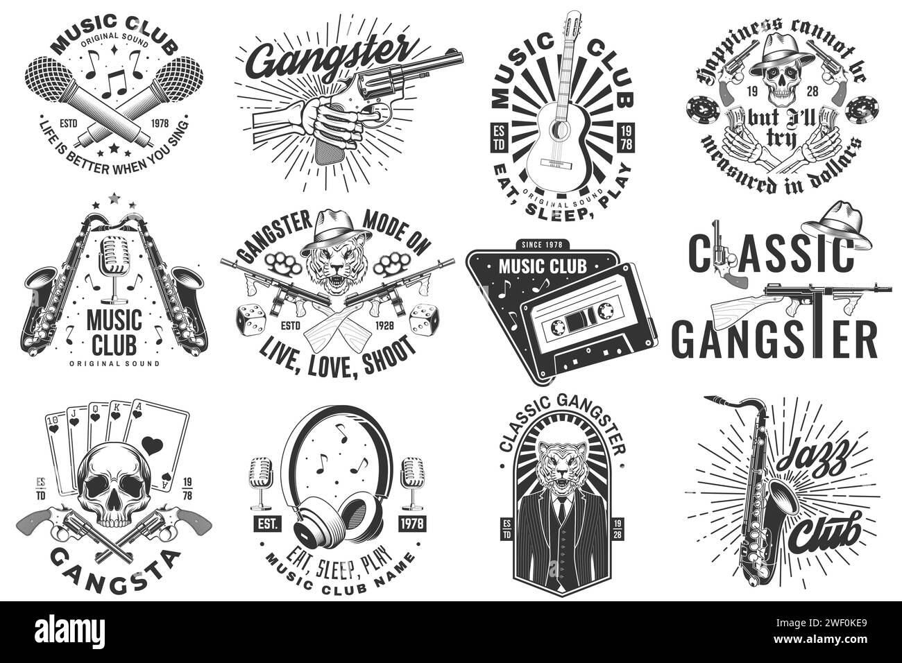 Set of gangster and retro music poster, banner. Vintage design for t ...