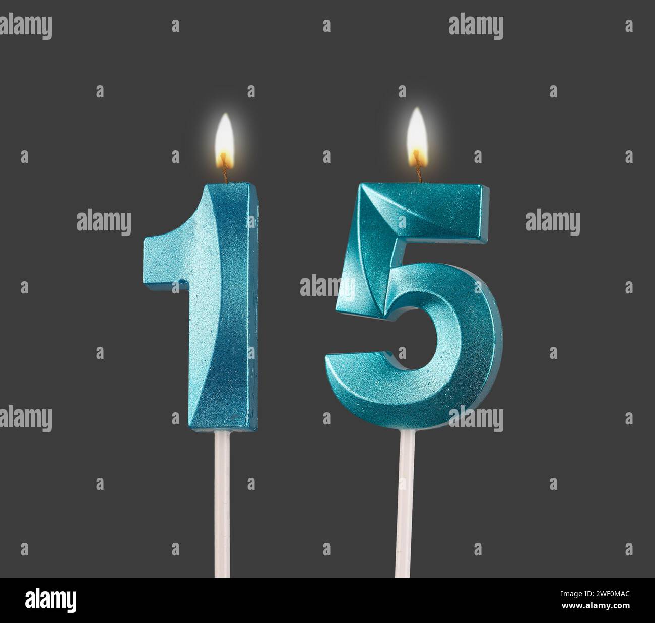 15 birthday, number candles with light, isolated on white background ...