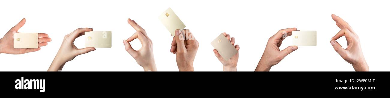 Hand holding bank debit card mockup. Blank bankcard set, isolated on ...