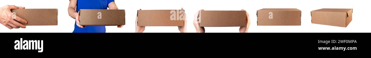 Hands holding, giving cardboard boxes, delivery carton package, kraft ...