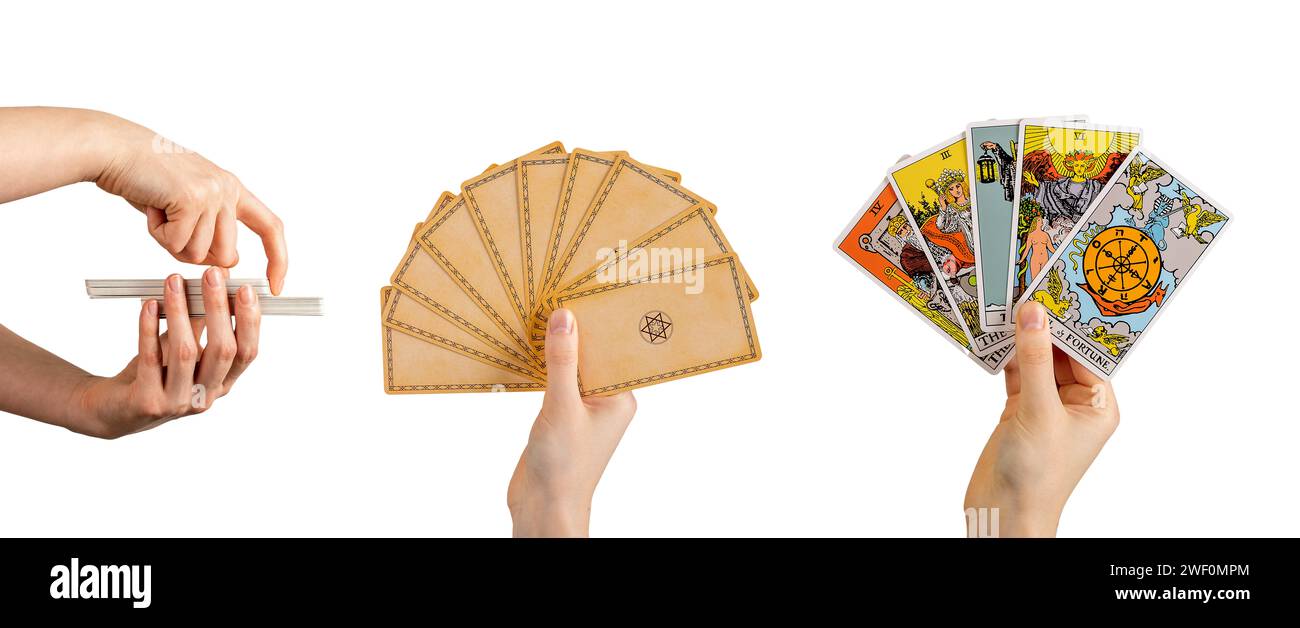 Lodz, Poland January 07 2024 Tarot cards set, taro in hands isolated on ...