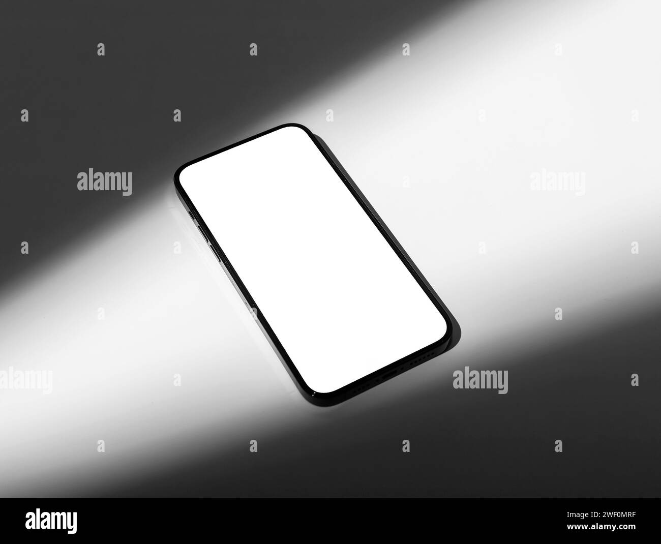 Mobile phone screen mockup, blank smartphone display laying in sun beam ...