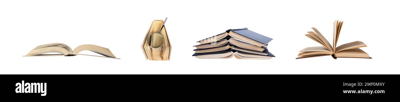 Open paper books set isolated on white background Stock Photo - Alamy