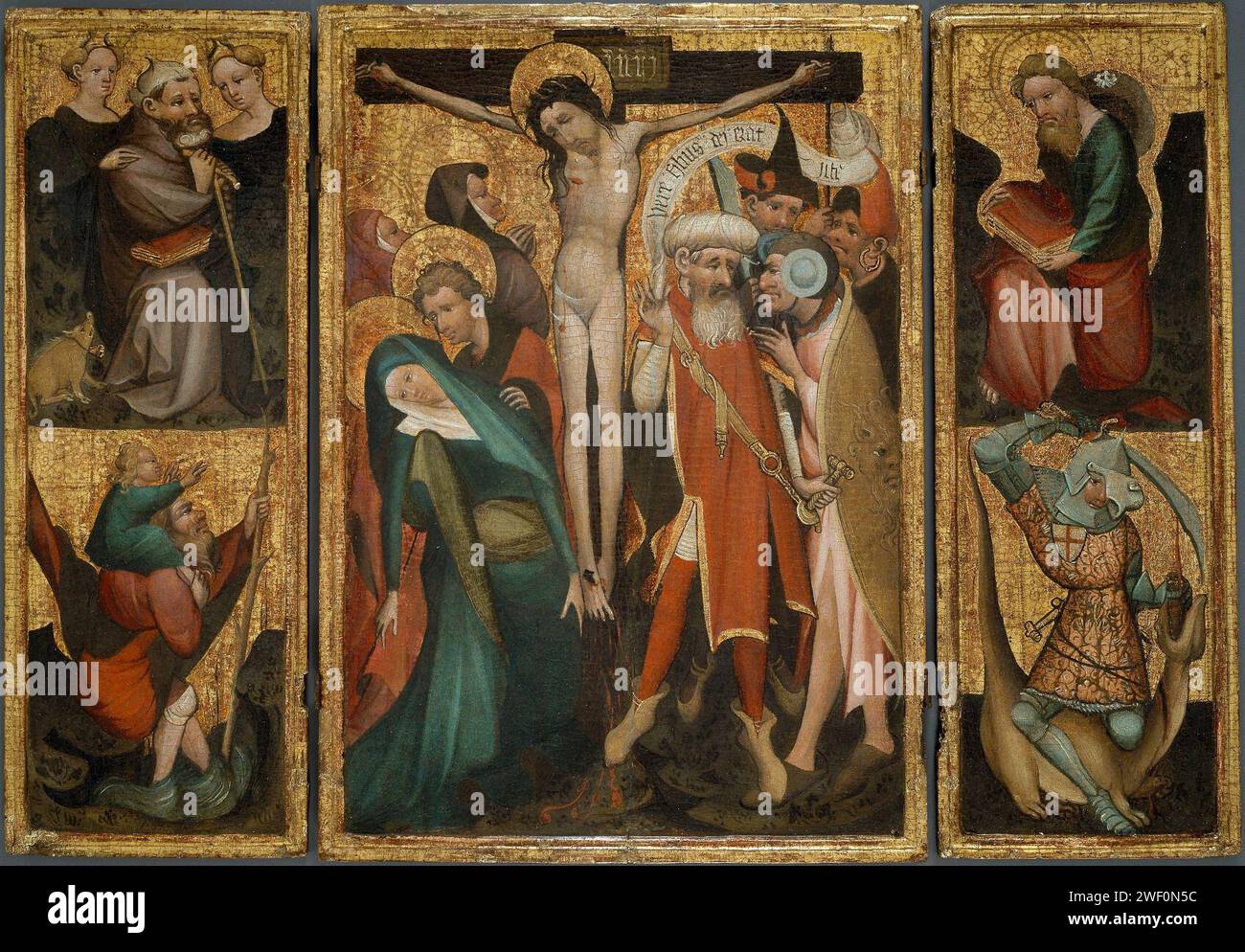Anonymous - Triptych of the Crucifixion with Saints Anthony, Christopher, James and George Stock ...