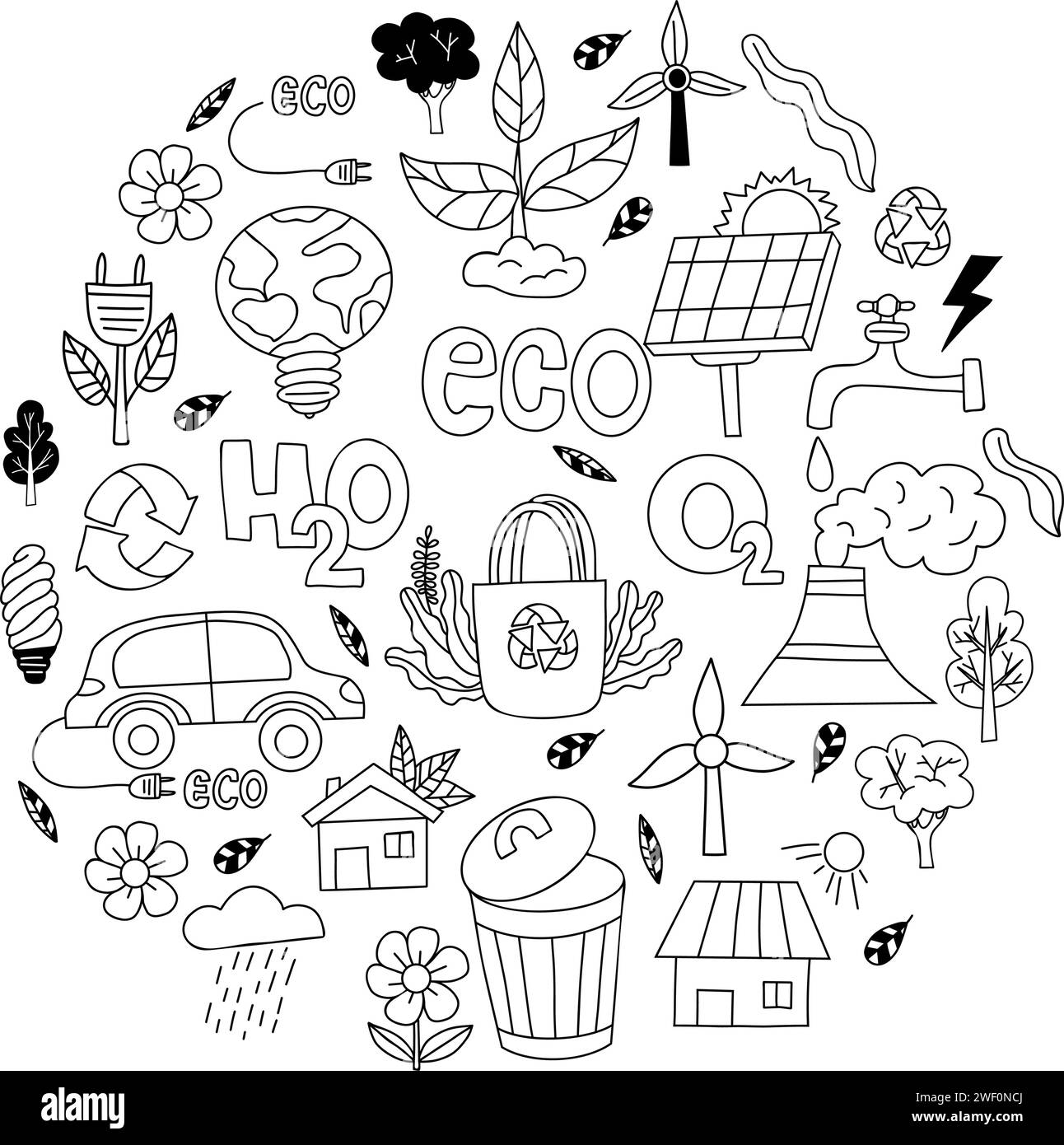 Ecology hand drawn set. No plastic, go green, Zero waste concepts ...