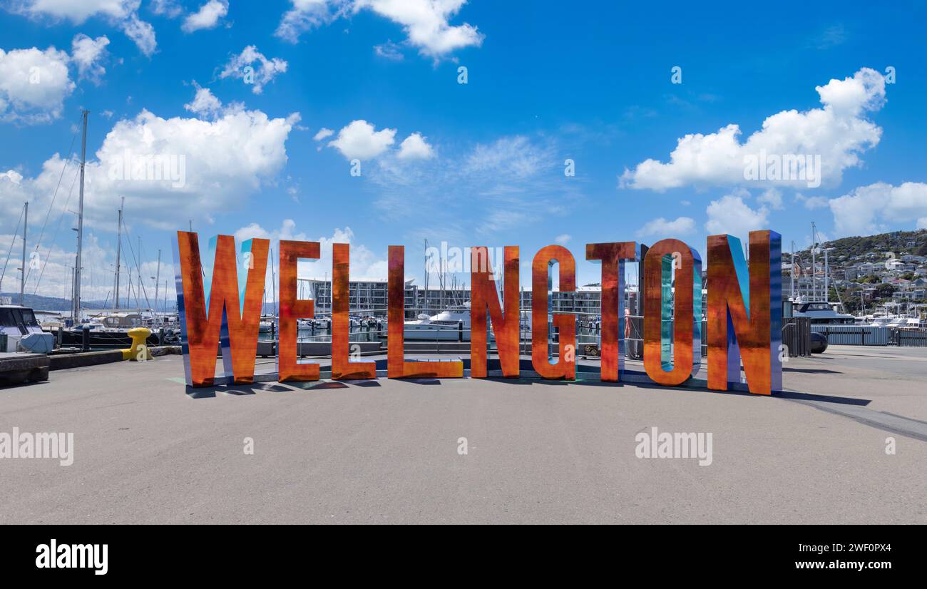 Panoramic skyline of Wellington downtown Lambton harbor with letters ...