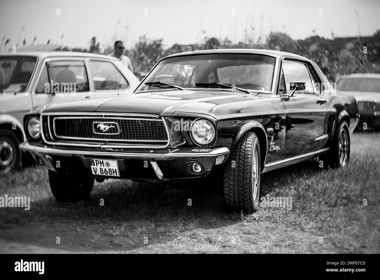 WERDER (HAVEL), GERMANY - MAY 20, 2023: The muscle car Ford Mustang, 1968. Swirl bokeh, art lens ...