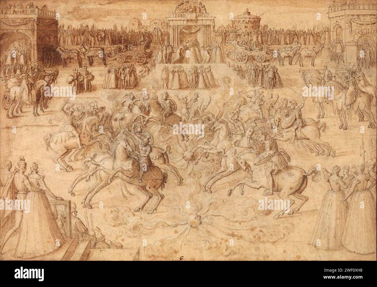 Antoine Caron, An equestrian game with riders jousting among balls of ...