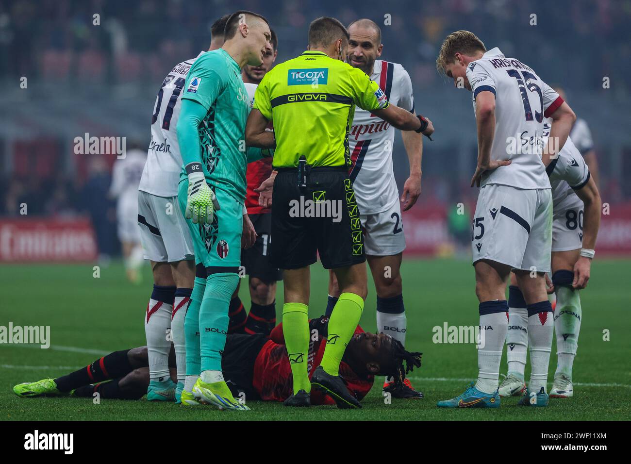 Milan, Italy. 27th Jan, 2024. Lukasz Skorupski of Bologna FC protests ...