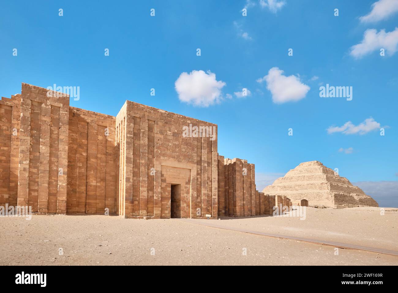 Saqqara, Egypt - January 2, 2024: Entrance to the mortuary temple near the pyramid of Djoser in ...
