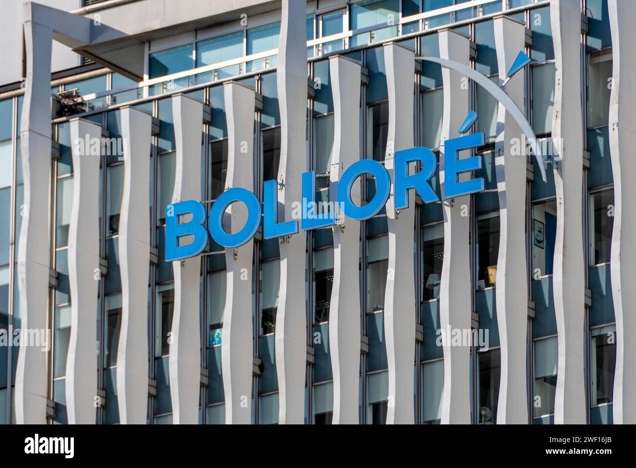 Sign and logo on the Bolloré Tower, headquarters of Bolloré Transports ...