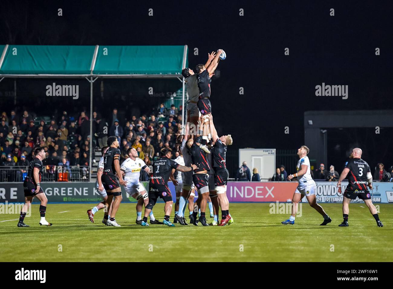 Juan Martin Gonzalez of Saracens collects the line out ball during the ...