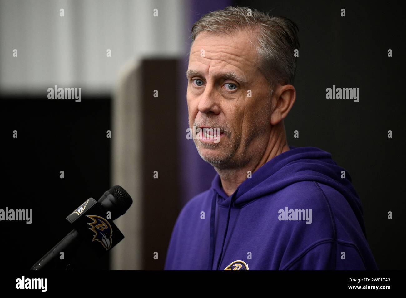 Baltimore Ravens offensive coordinator Todd Monken talks to the media ...
