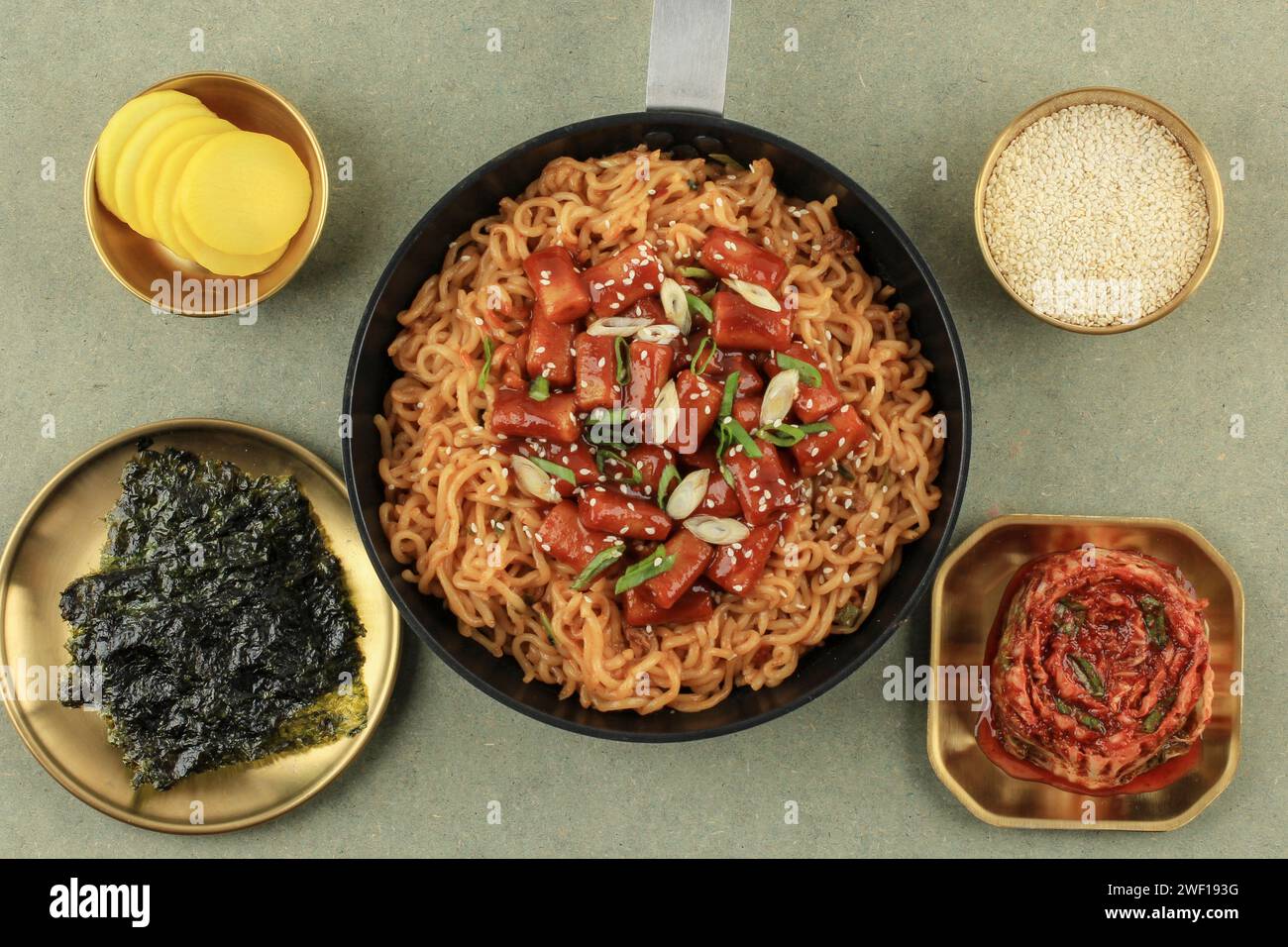 Top View Full Set Rapokki or Rabokki, Tteokbokki with Korean Ramen ...