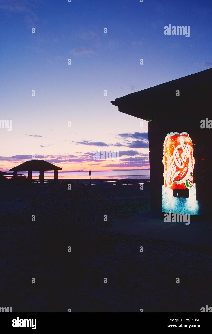 Coca Cola beverage vending machine at dusk; Antelope Island State Park ... Coca Cola beverage vending machine at dusk; Antelope Island State Park ...