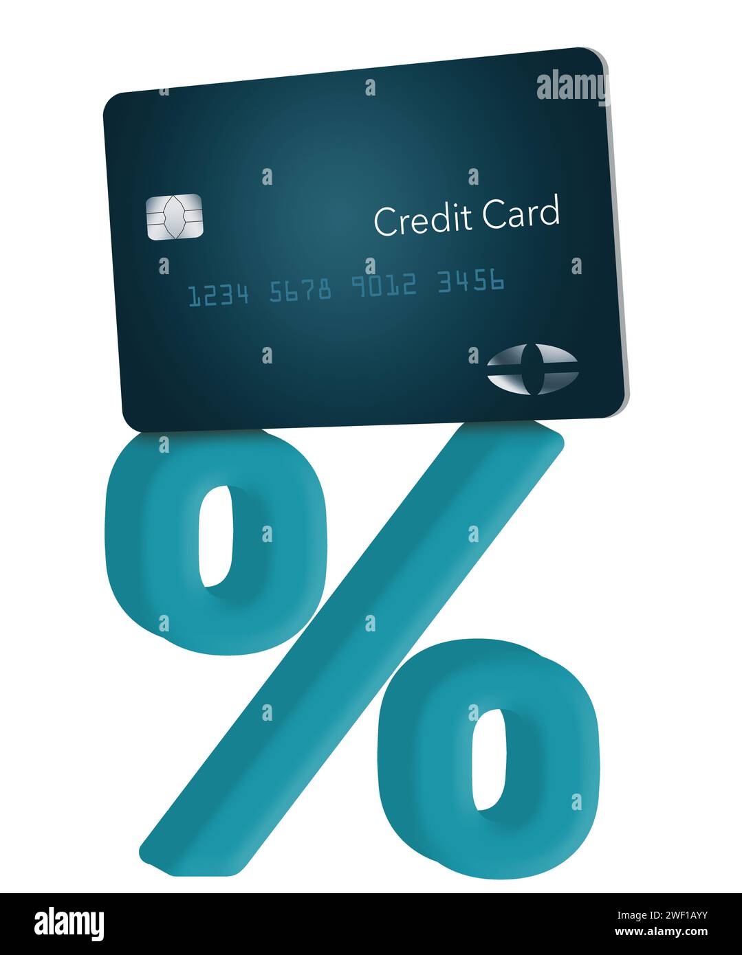 A generic, mock credit card is seen on top of a 3-d percentage symbol ...