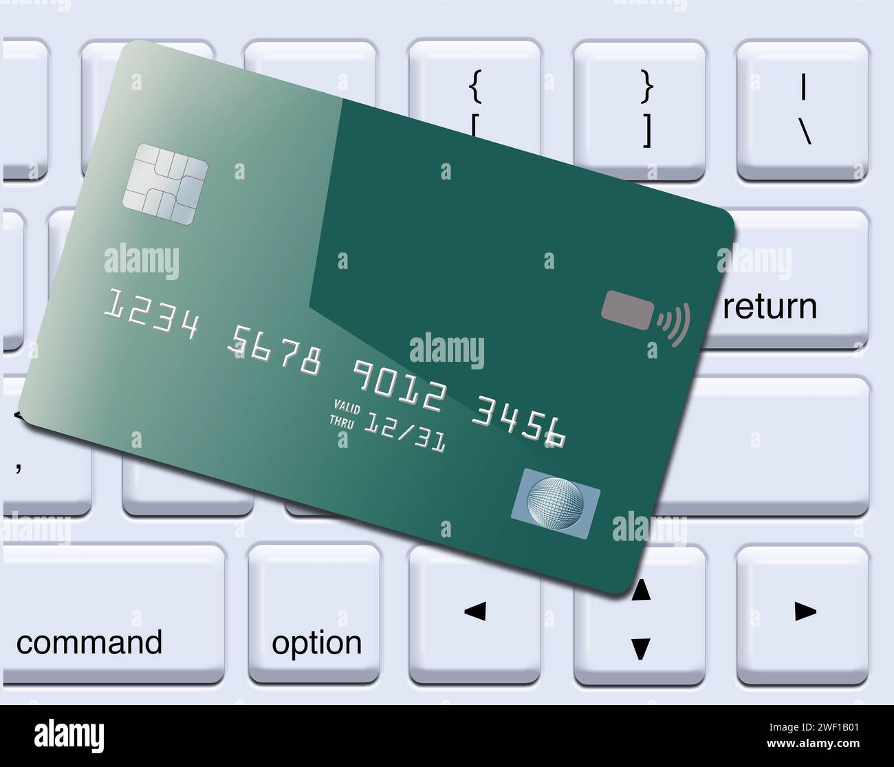 A generic mock credit card or debit card is seen atop a computer ...